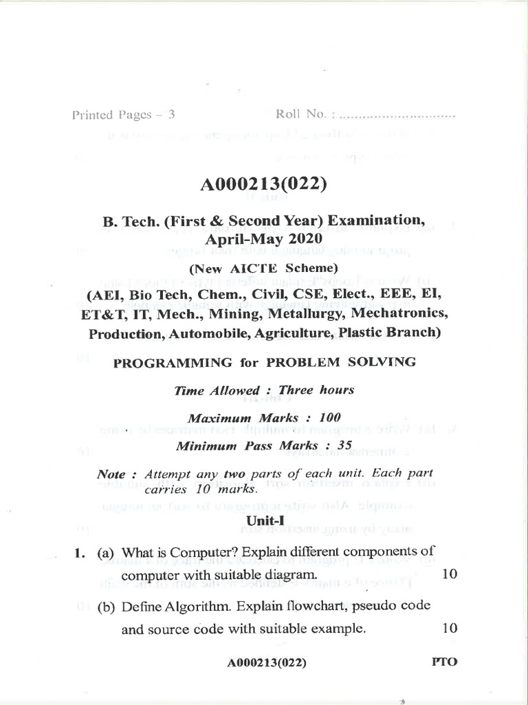 Btech 1 Sem Programming For Problem Solving A000213 May 2020 | PDF