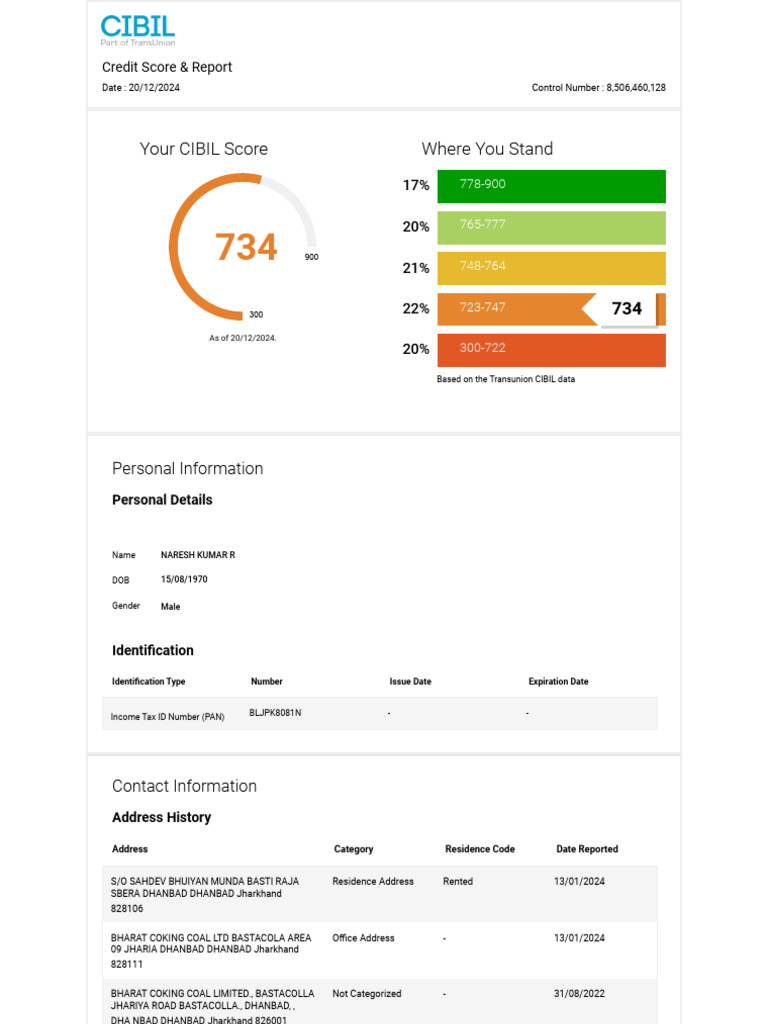 CIBIL Score Report for Naresh Kumar | PDF | Finance & Money Management ...