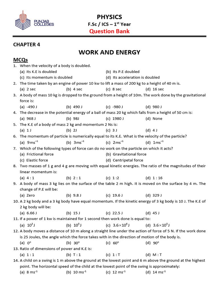 Physics MCQs on Work and Energy | PDF | Force | Mass