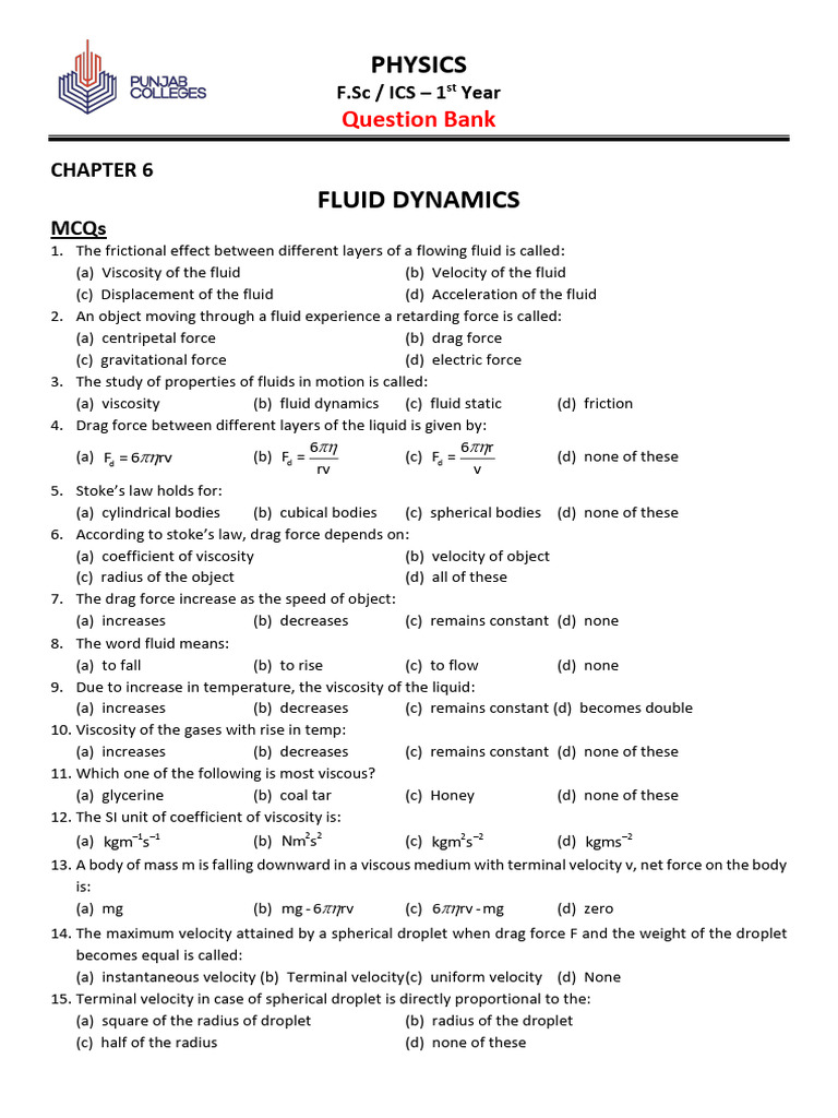 Physics Part-1 Question Bank CH#6 | PDF | Fluid Dynamics | Force