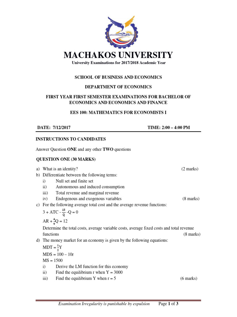 Mathematics For Economists I Exam-Dec 2017 | PDF | Demand | Economics
