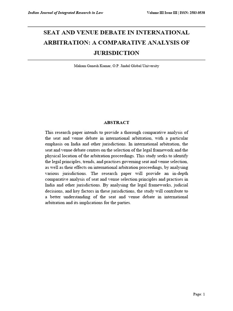 International Arbitration: Seat vs Venue Debate | PDF | Arbitration ...