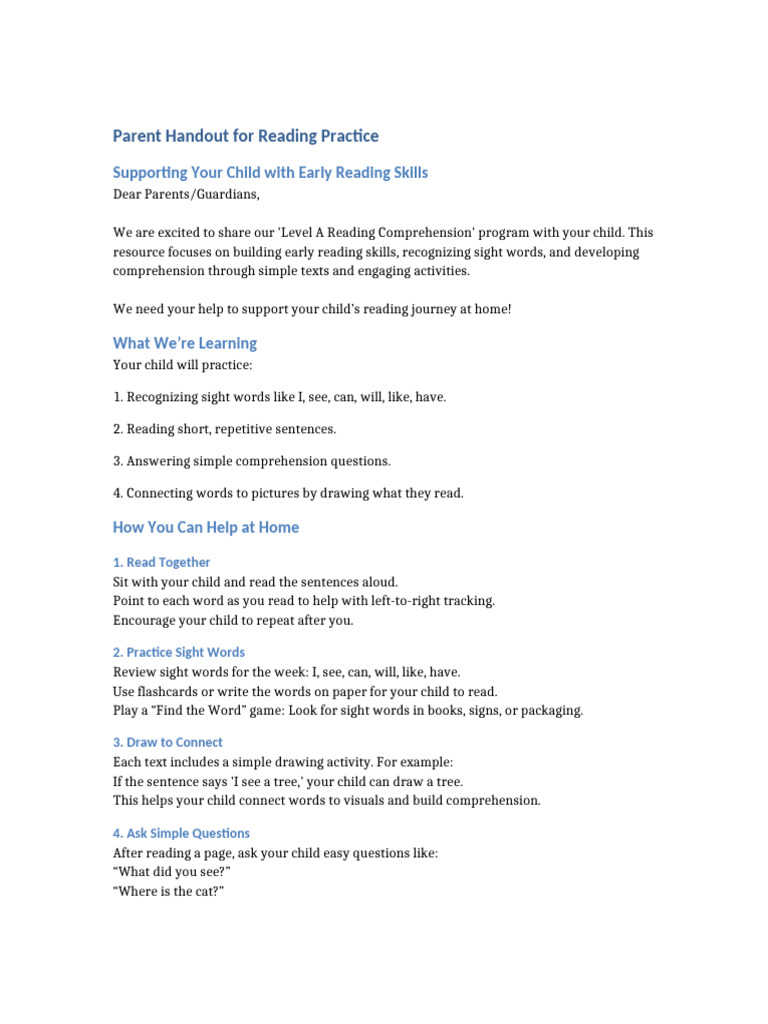 Parent Handout Reading Level A | PDF