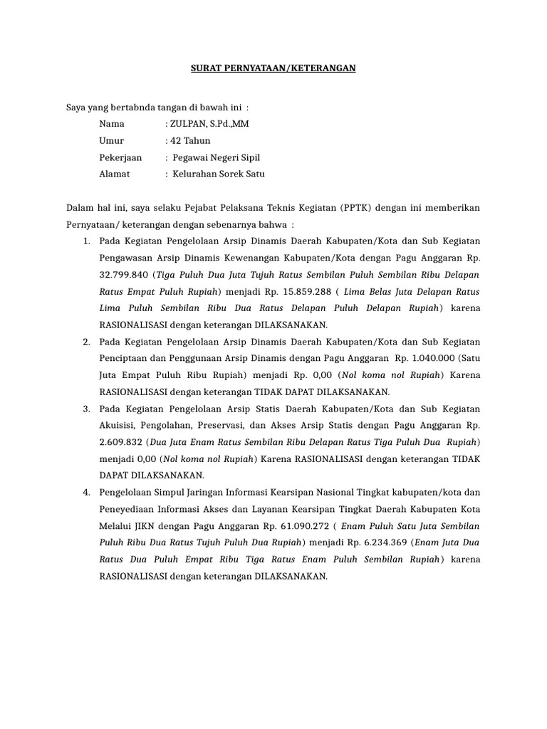 Surat Pernyataan PPTK | PDF