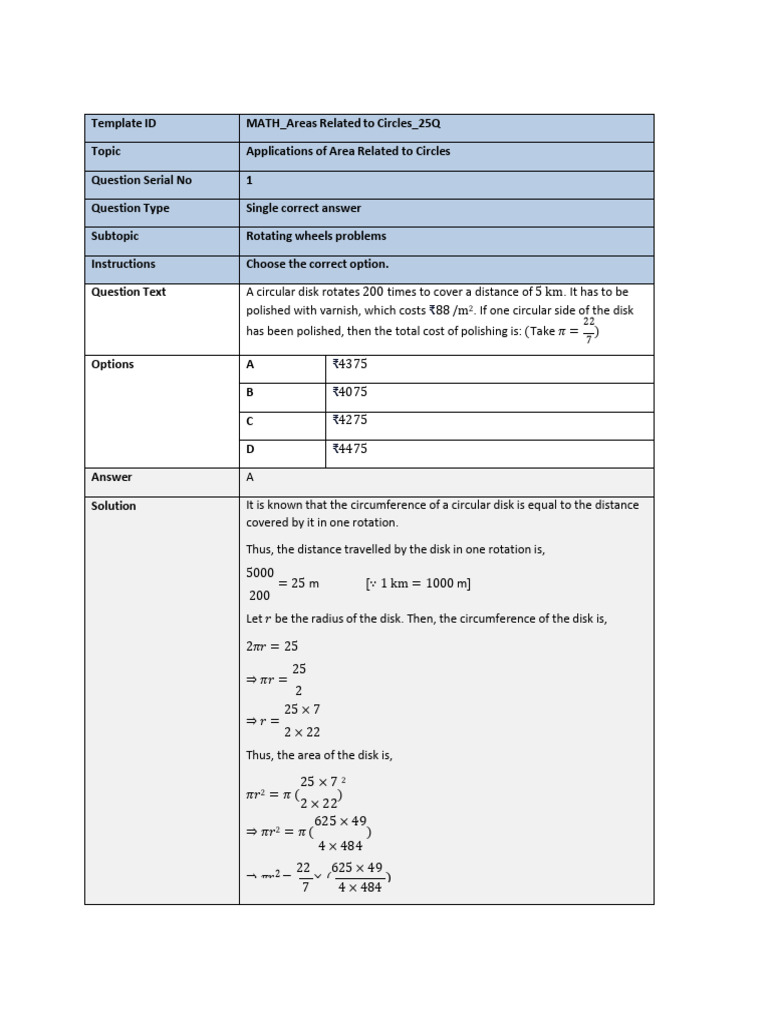 Sample Qs_MATH_Areas Related to Circles_25Qs | PDF | Area | Circle