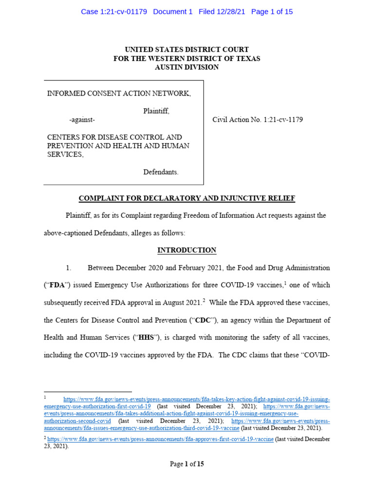 FOIA Complaint for COVID-19 Vaccine Data | PDF | Vaccines | Food And ...
