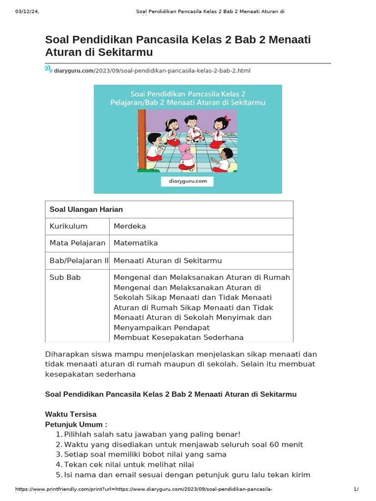 Soal Pendidikan Pancasila Kelas 2 Bab 2 Menaati Aturan di Sekitarmu (1) | PDF
