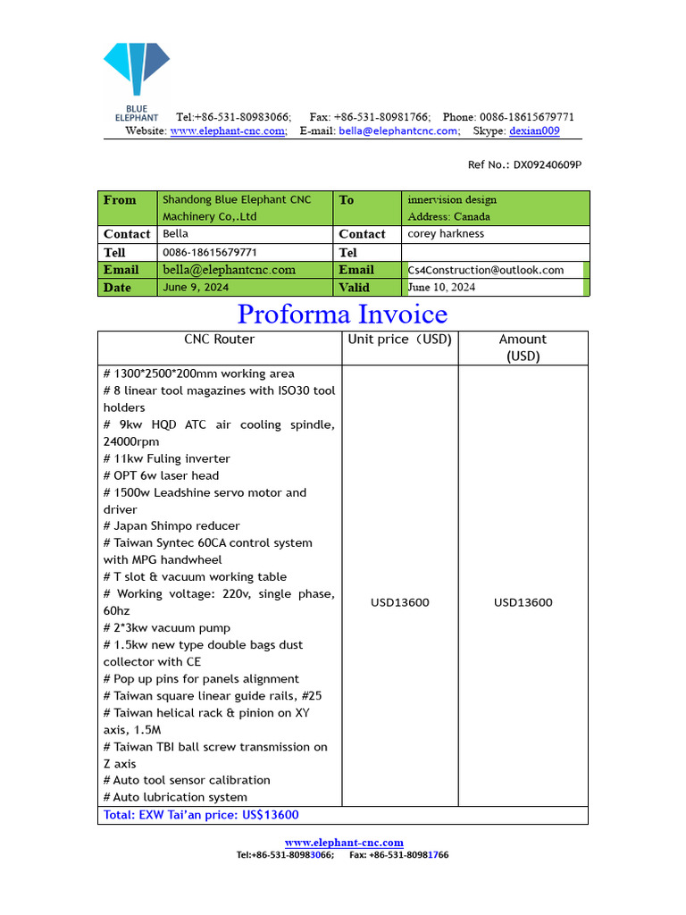 CNC Router Proforma Invoice | PDF | Electrical Engineering