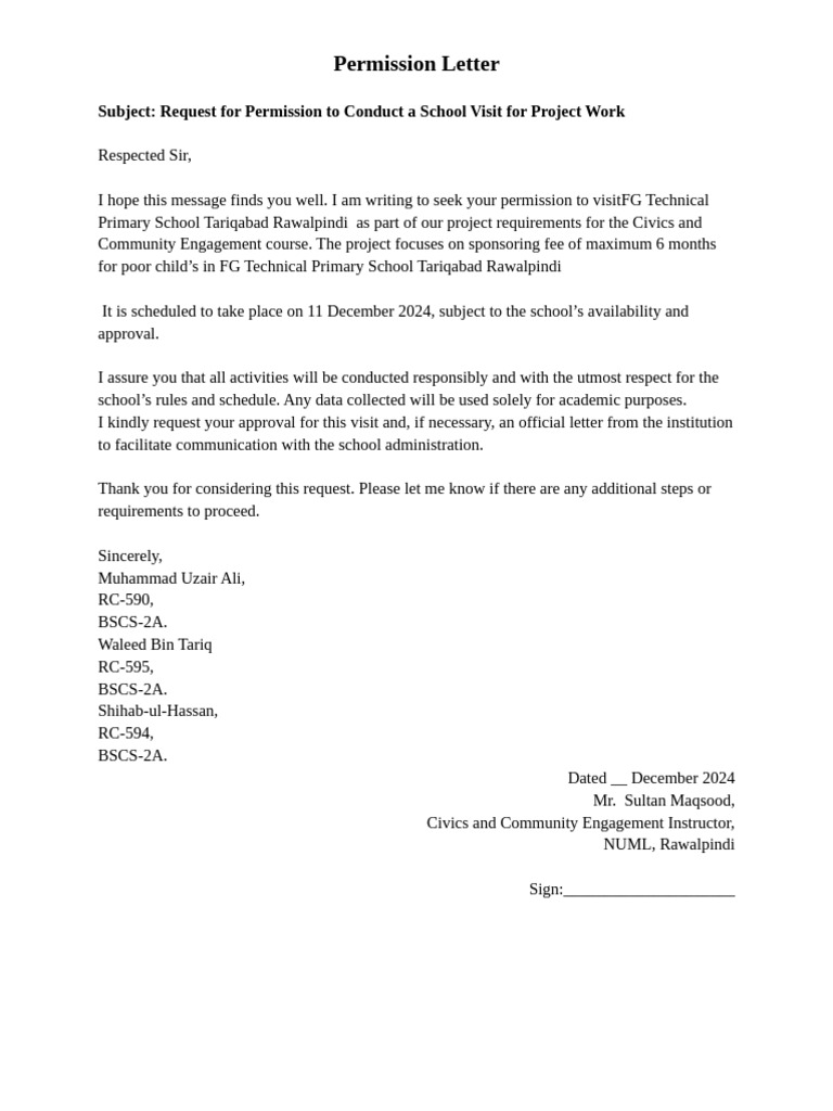 Permission Letter Civics | PDF