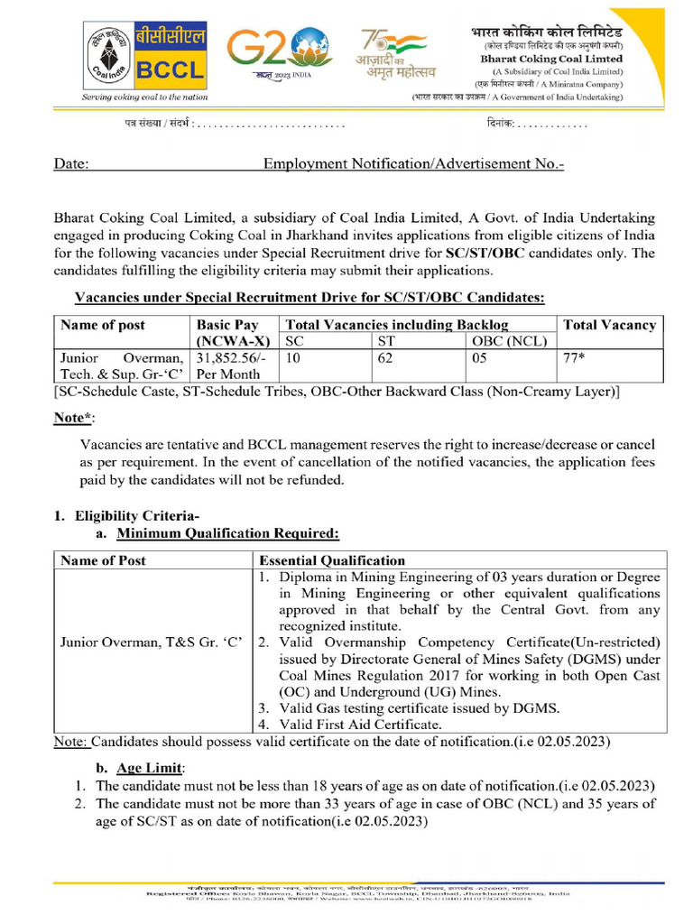 BHARAT COKING COAL LIMITED (BCCL) Job 1 | PDF