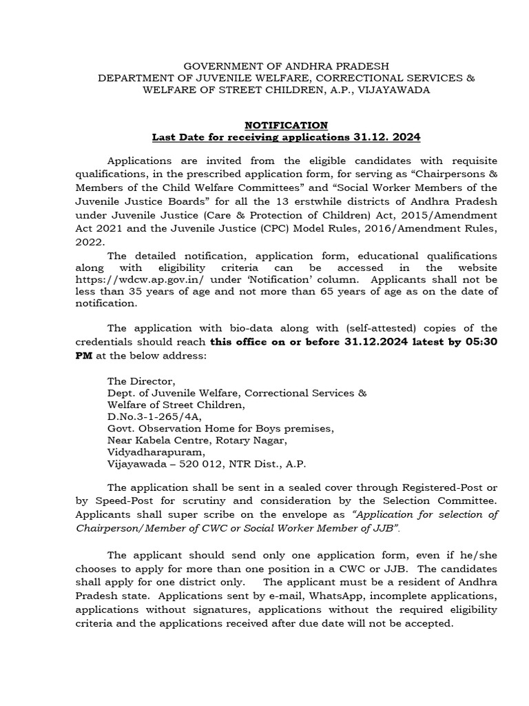 Andhra Pradesh CWC & JJB Recruitment 2024 | PDF | Social Work | Pardon