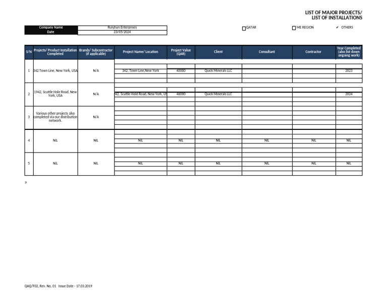 Form 2 - List of Installations REV 01 | PDF