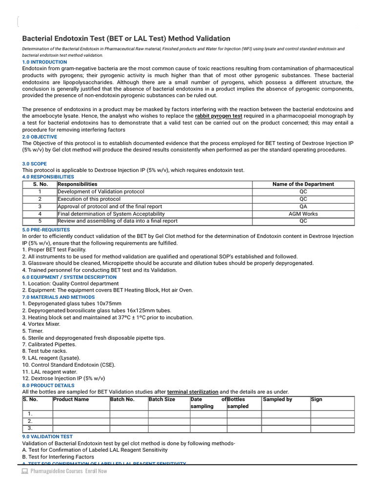 Bacterial Endotoxin Test (BET or LAL Test) Method Validation - P | PDF
