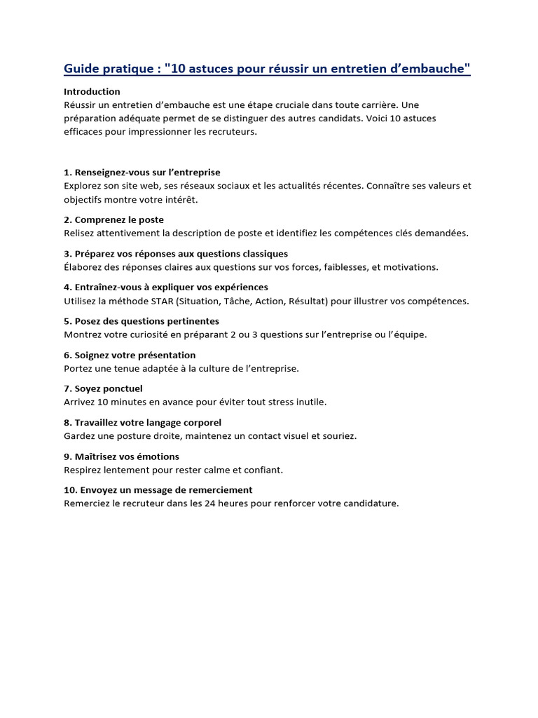 10 Astuces pour Réussir un Entretien | PDF