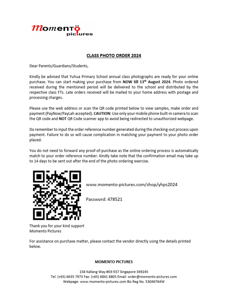 Yuhua Pri Class Photo Order Letter To Parents 020824 | PDF