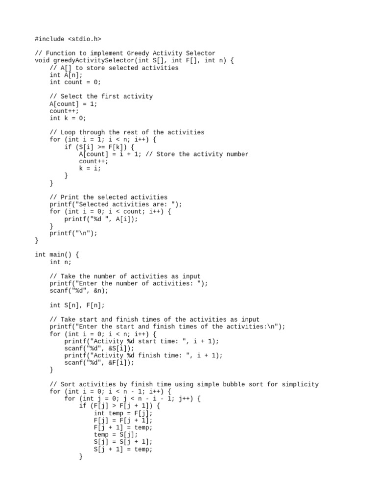 Greedy Activity Selector in C Code | PDF