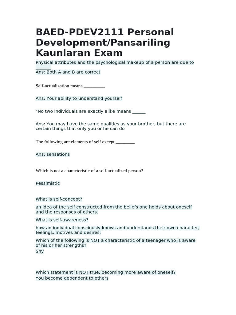 Per Dev Exam | PDF | Adolescence | Self Concept