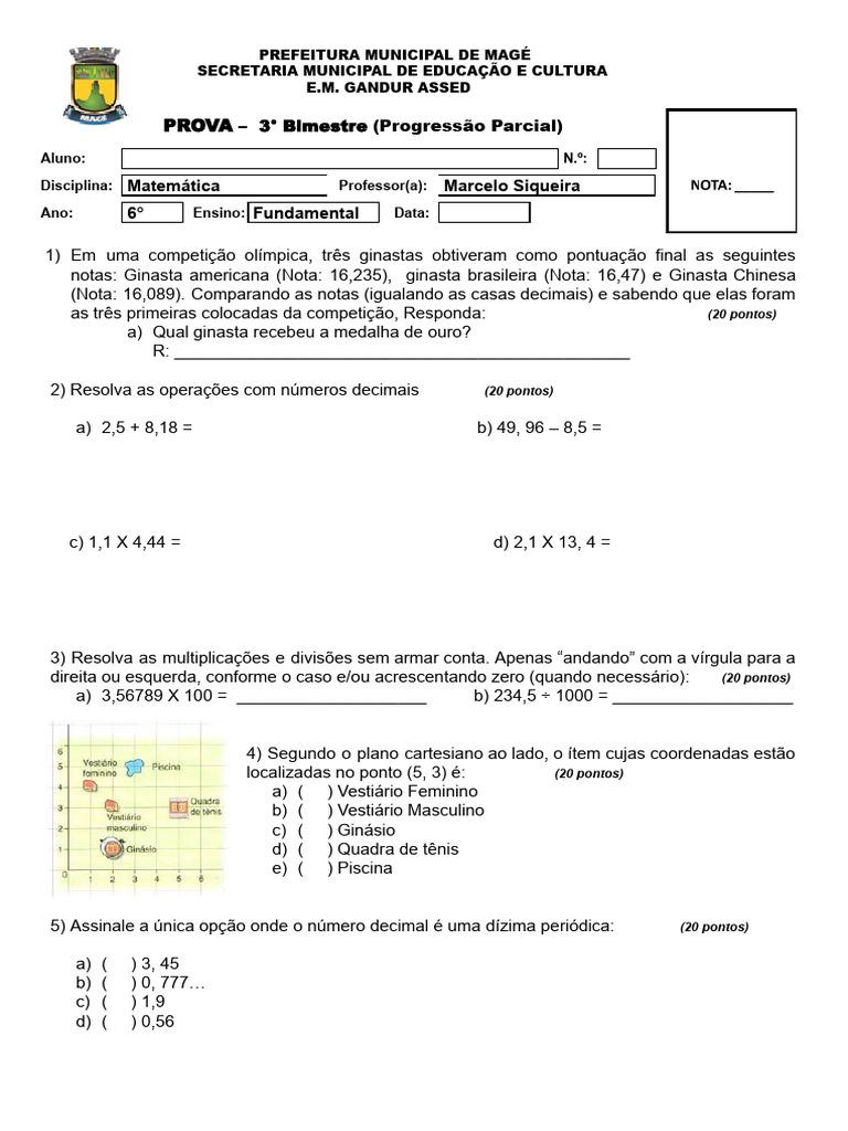 Cópia de Prova 6° Ano 3° Bim - progressão parcial | PDF