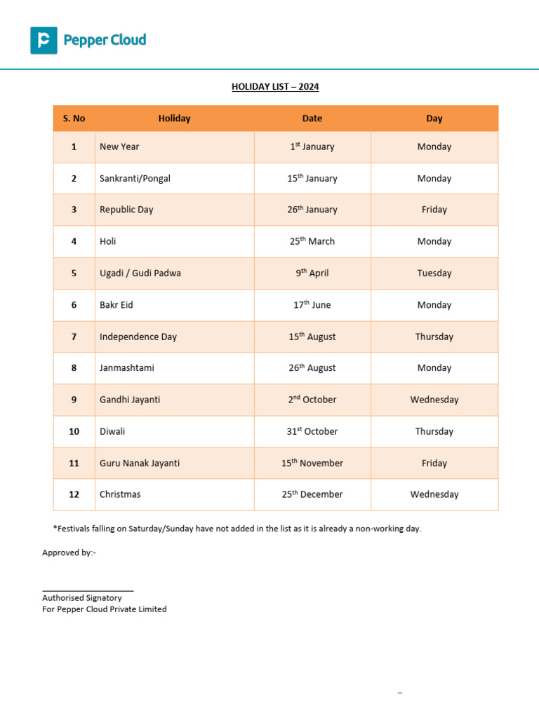 2024 Holiday List for Pepper Cloud | PDF