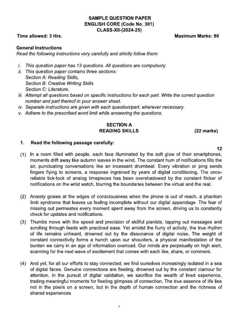 Sampal Paper of Engish Class 12th | PDF