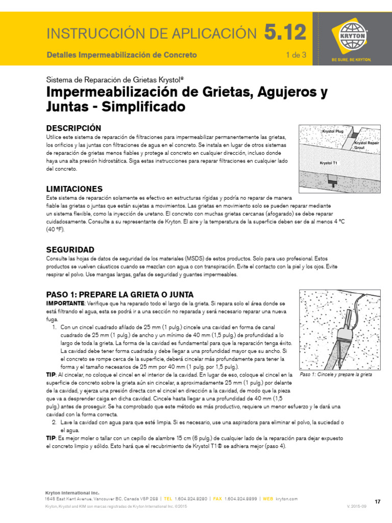 3-Application-Instruction-5.12-Cracks-Holes-Joints-Simplified-Spanish | PDF | Hormigón | Agua