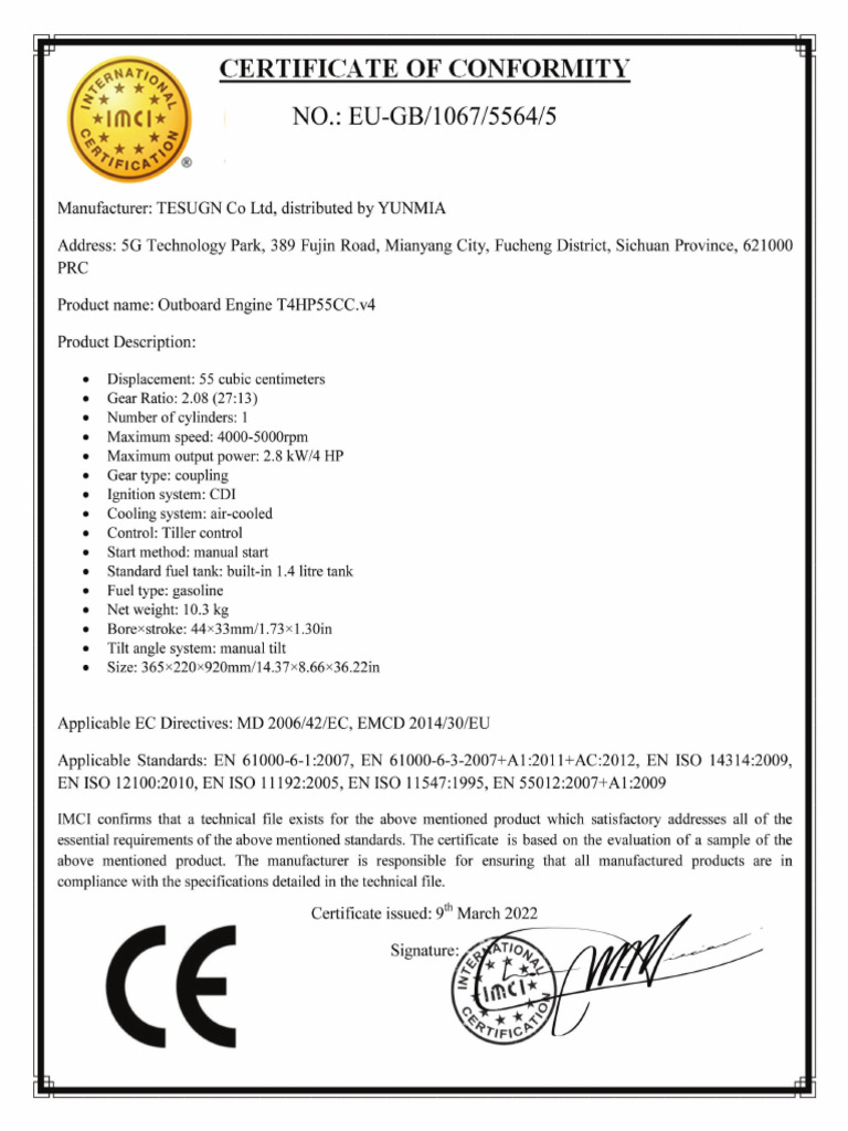 CERTIFICATE OF CONFORMITY v2 | PDF