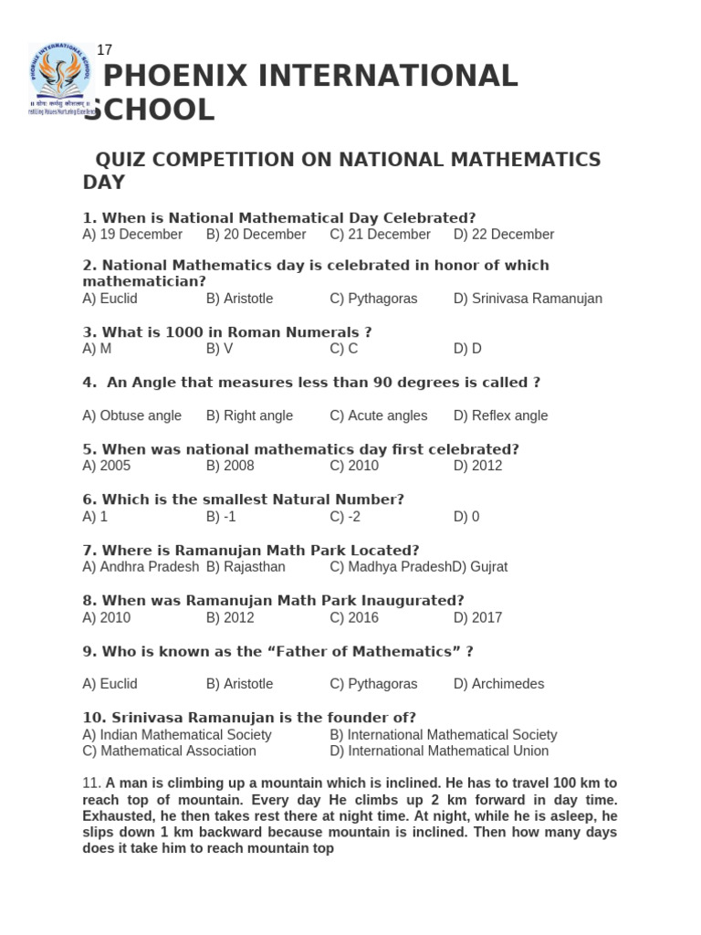 National Mathematics Day Quiz Questions | PDF