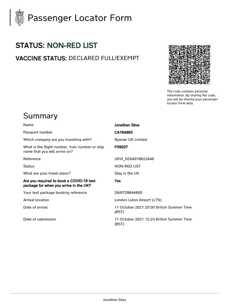 Passenger Locator Form Oct2021 | PDF | Pandemic | Global Health