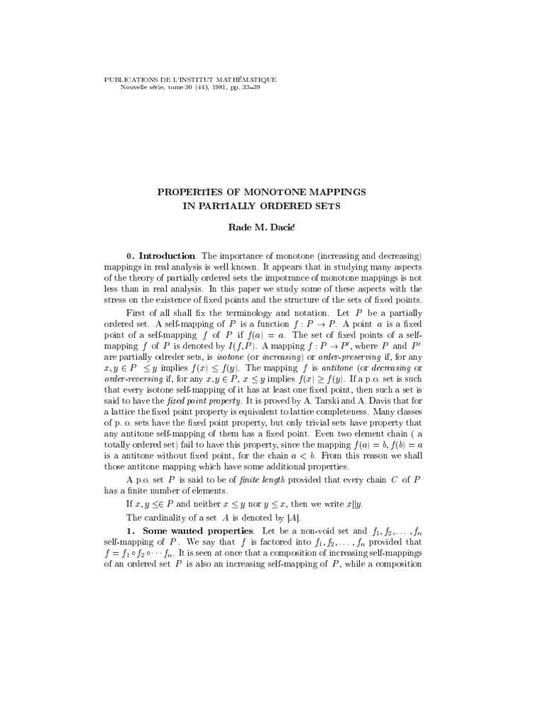 1981 - Dacic - Properties of Monotone Mappings in Partially Ordered Sets | PDF | Monotonic ...