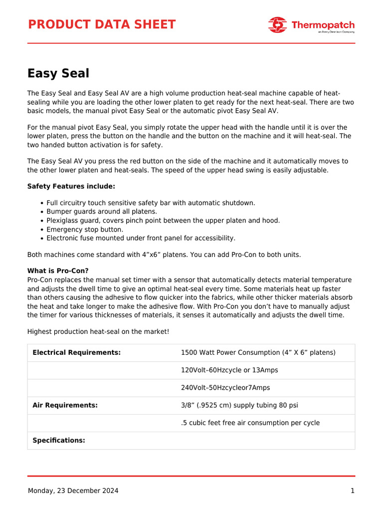 Easy Seal Data Sheet | PDF