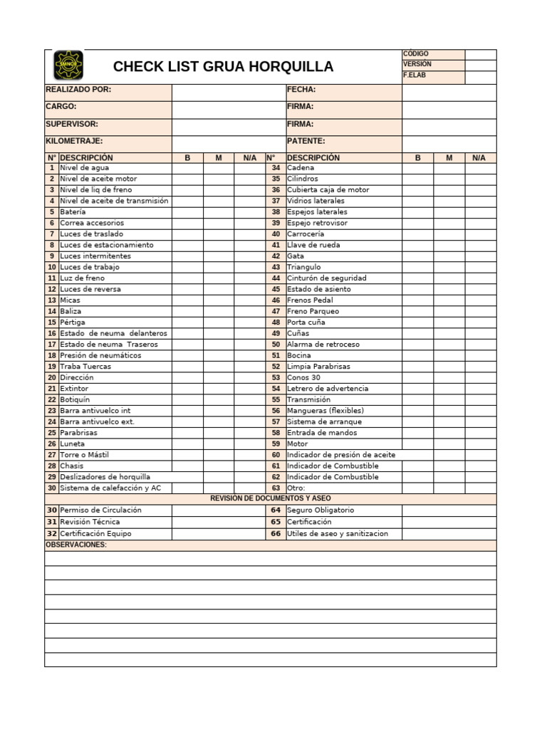 Checklist Completa para Grúa Horquilla | PDF | Vehículos terrestres | Vehículo de motor