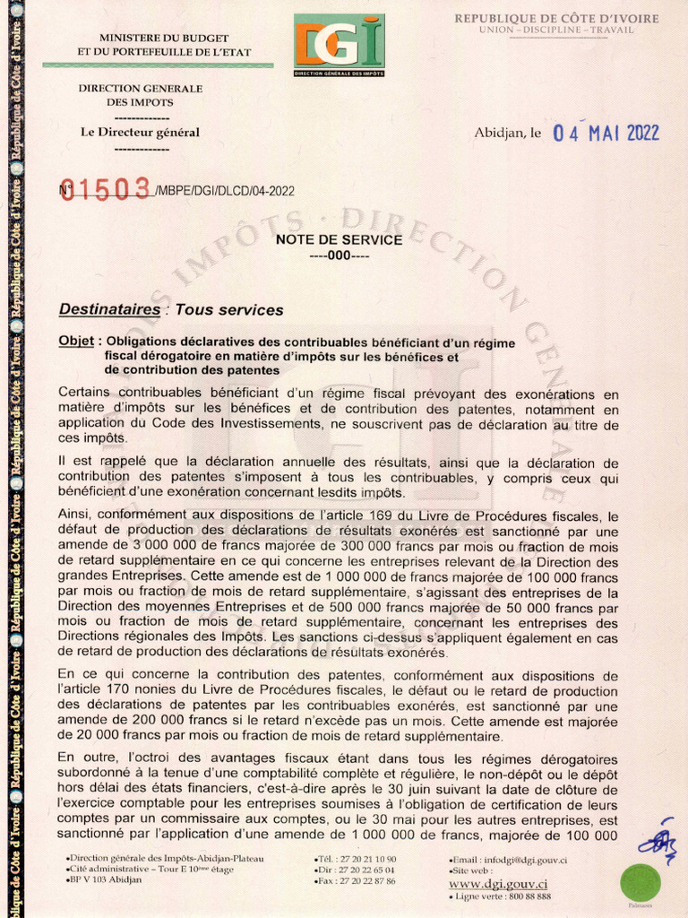N° 01503 MBPE DGI DLCD DU 04 MAI 2022 Obligations Déclaratives Des Contribuables D'un Régime ...