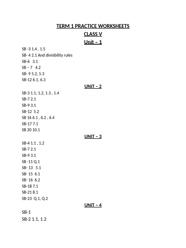 Class V Term 1 Practice Worksheets | PDF