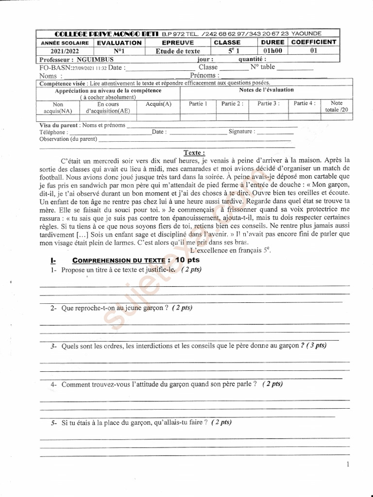 Etude de Texte - Collège Privé Mongo Beti - Évaluation N°1 - Classe de 5ème - Cameroun | PDF