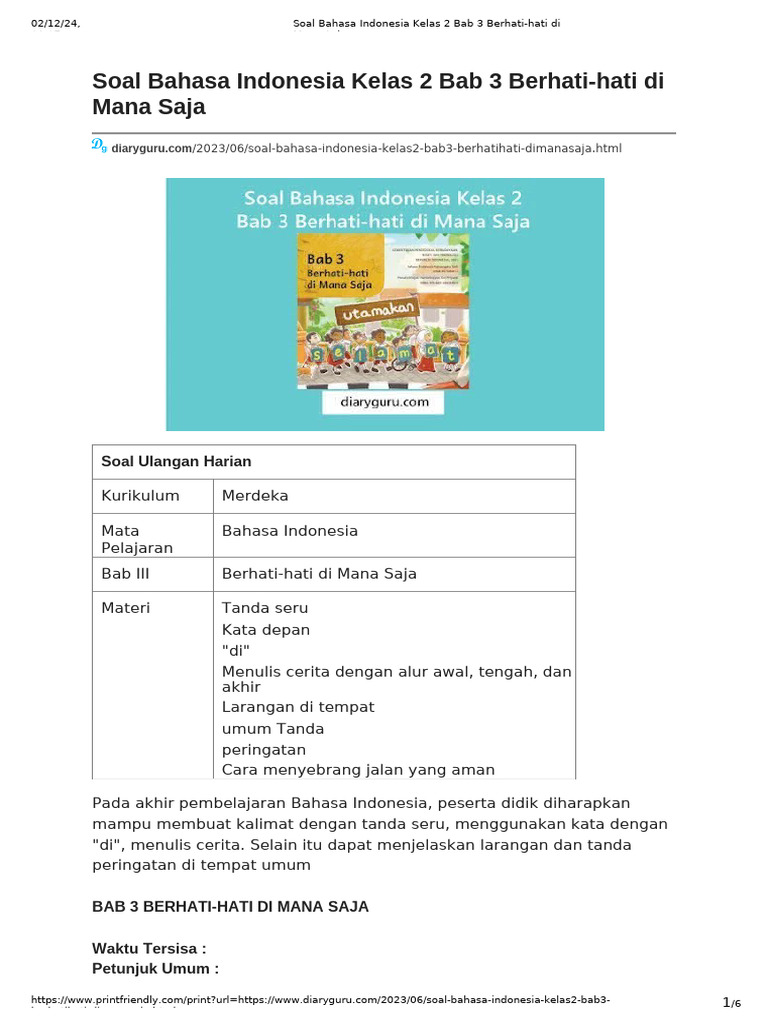Soal Bahasa Indonesia Kelas 2 Bab 3 Berhati-Hati Di Mana Saja | PDF