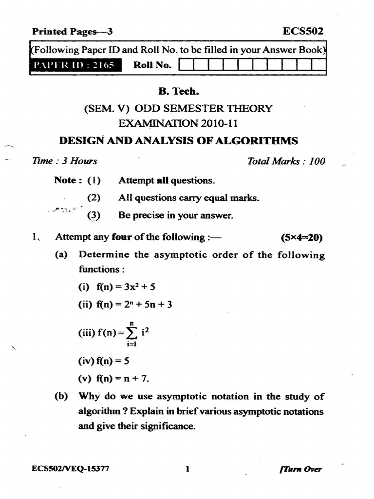 Btech Cs 5 Sem Design and Analysis of Algorithms Ecs 502 2011 | PDF | Theoretical Computer ...