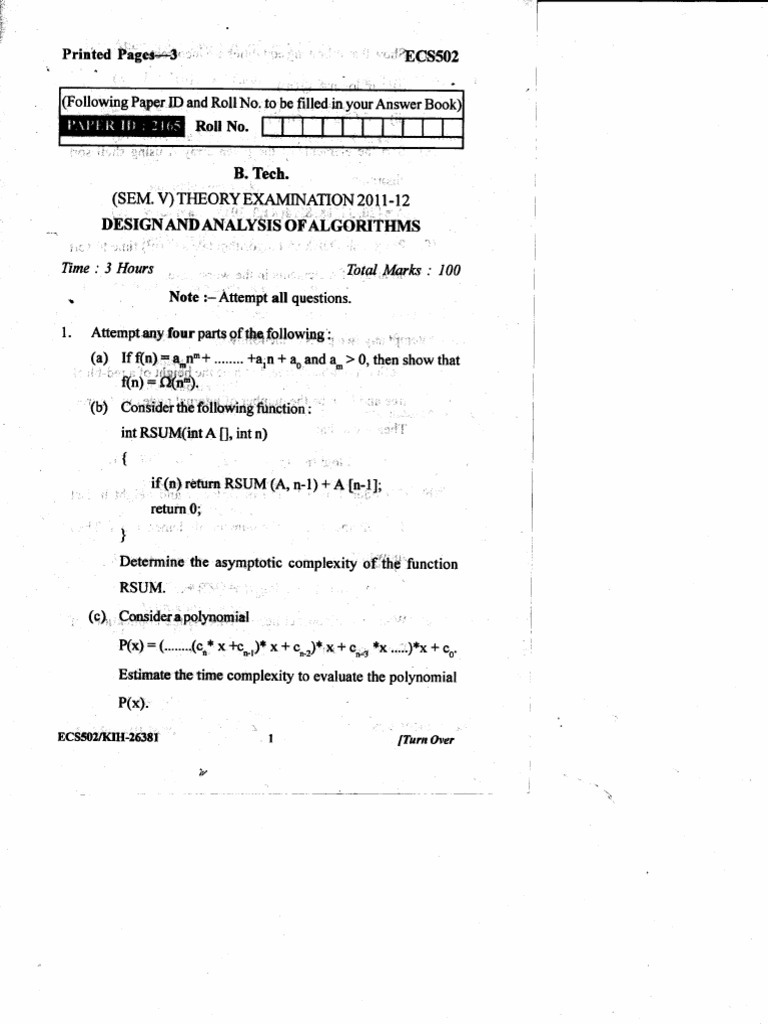 Btech Cs 5 Sem Design and Analysis of Algorithms Ecs 502 2012 | PDF | Combinatorics | Algorithms ...