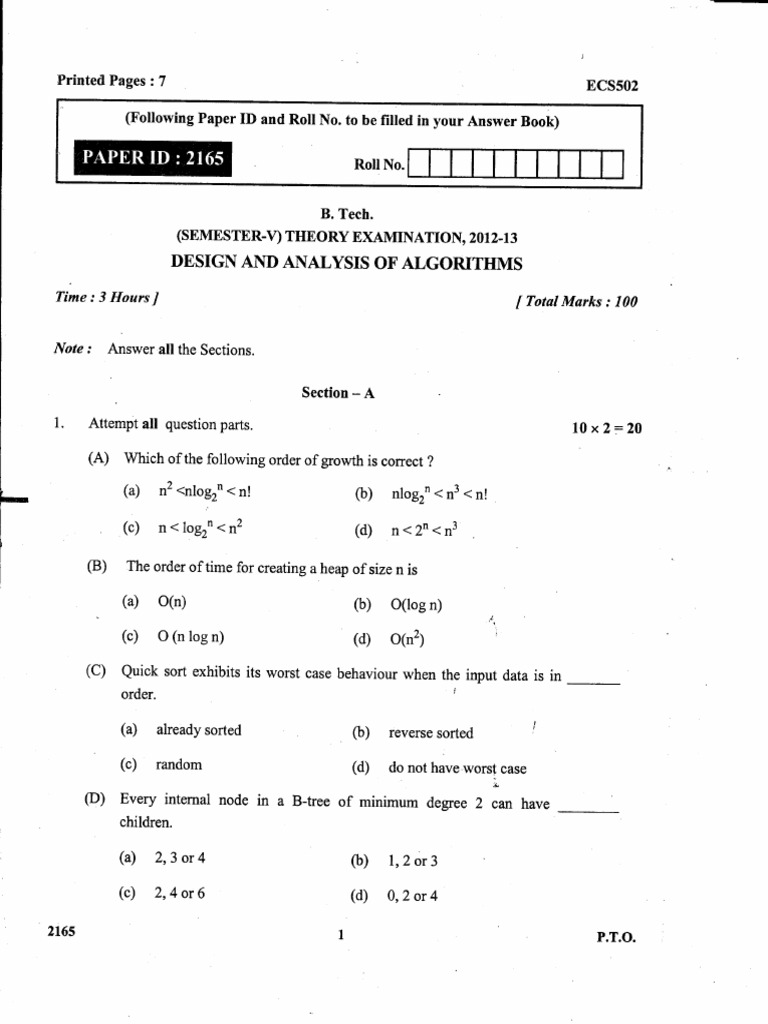 Btech Cs 5 Sem Design and Analysis of Algorithms Ecs 502 2013 | PDF | Theoretical Computer ...