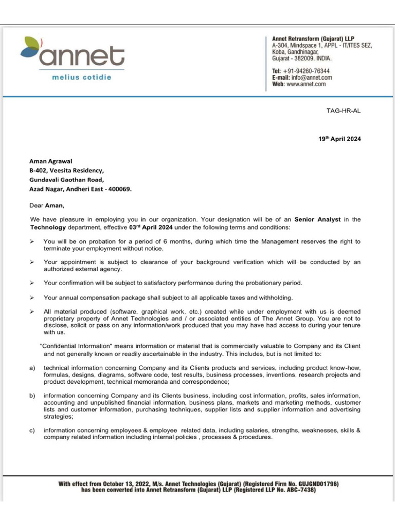 Annet Retransform An Apex Group Company Appointment Letter | PDF