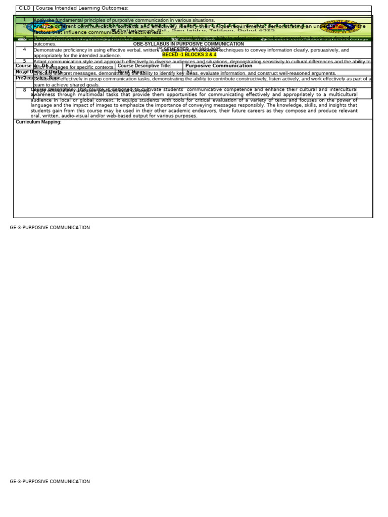 BECED-Purposive Com. (Syllabus) | PDF | Communication | Nonverbal Communication