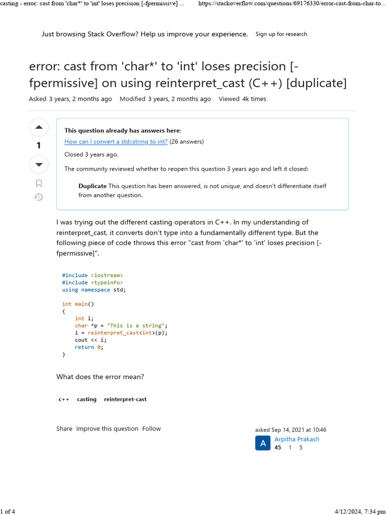 Casting - Error - Cast From 'Char - ' To 'Int' Loses Precision (-Fpermissive) On Using ...