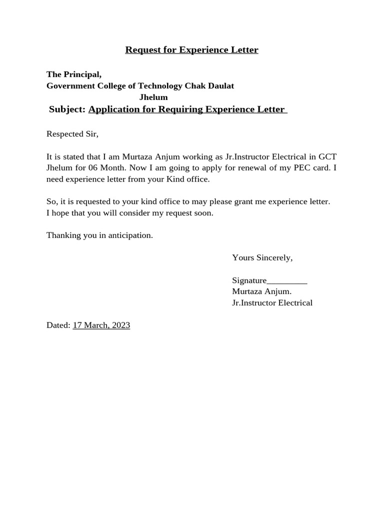 Request for Experience Letter-1 | PDF