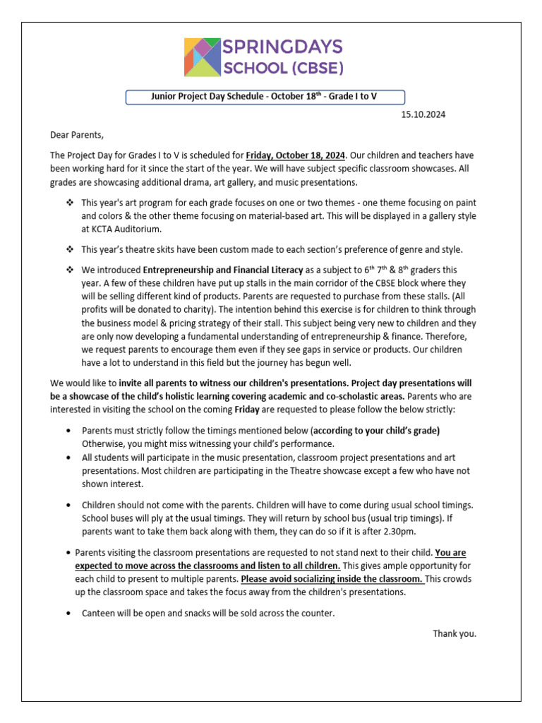 Final Parent Letter - Grades I To V - Project Day 24-25-1 | PDF | Classroom