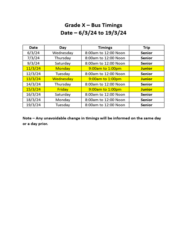 Grade - X Bus Timing Schedule | PDF