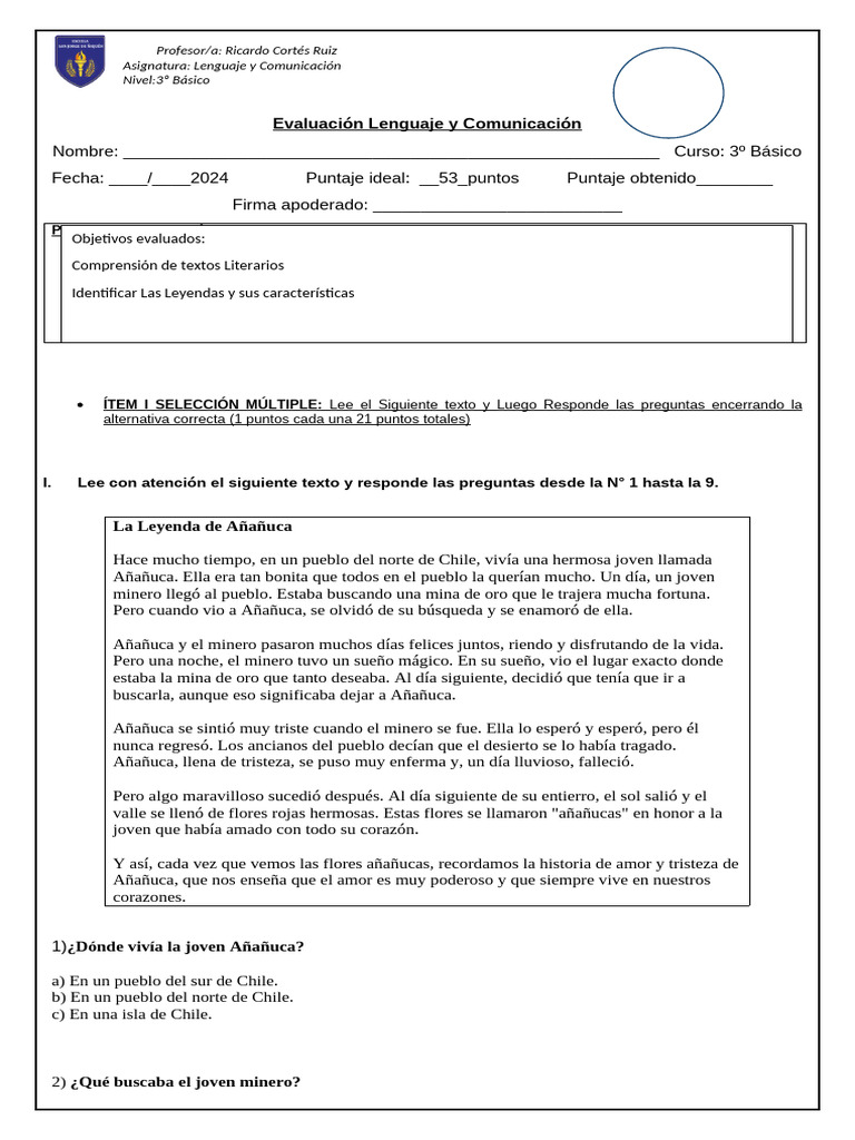 Evaluación de Lenguaje 3º Básico: Leyendas | PDF | Mar