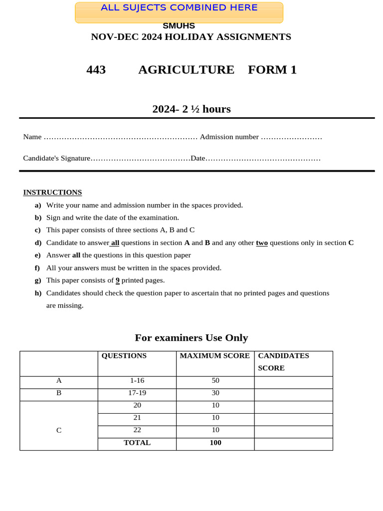 Agriculture Holiday Assignment 2024 | PDF | Chemistry