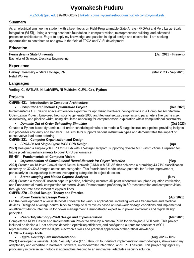 Vyomakesh Puduru Resume | PDF | Field Programmable Gate Array | Central Processing Unit