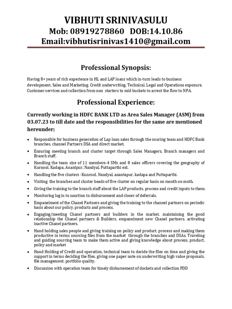 RESUME VIBHUTI SRINIVAS | PDF | Banks | Credit