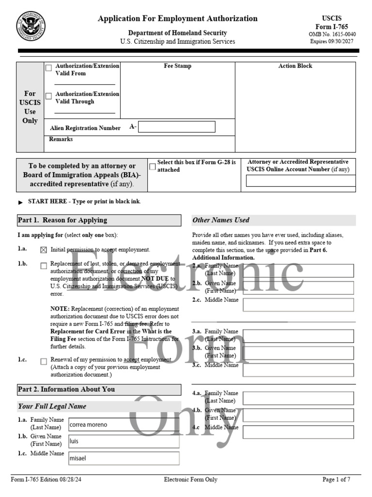 Form I-765: Employment Authorization Application | PDF | Social ...