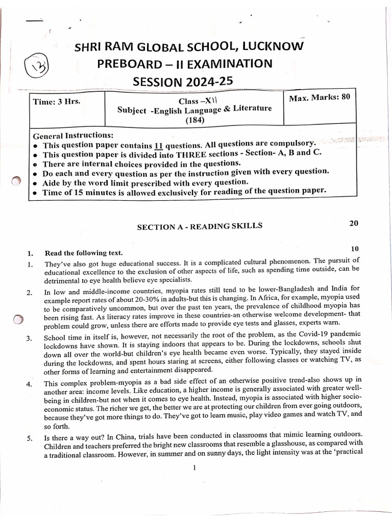 Class 10 English Pre-Board 2 | PDF